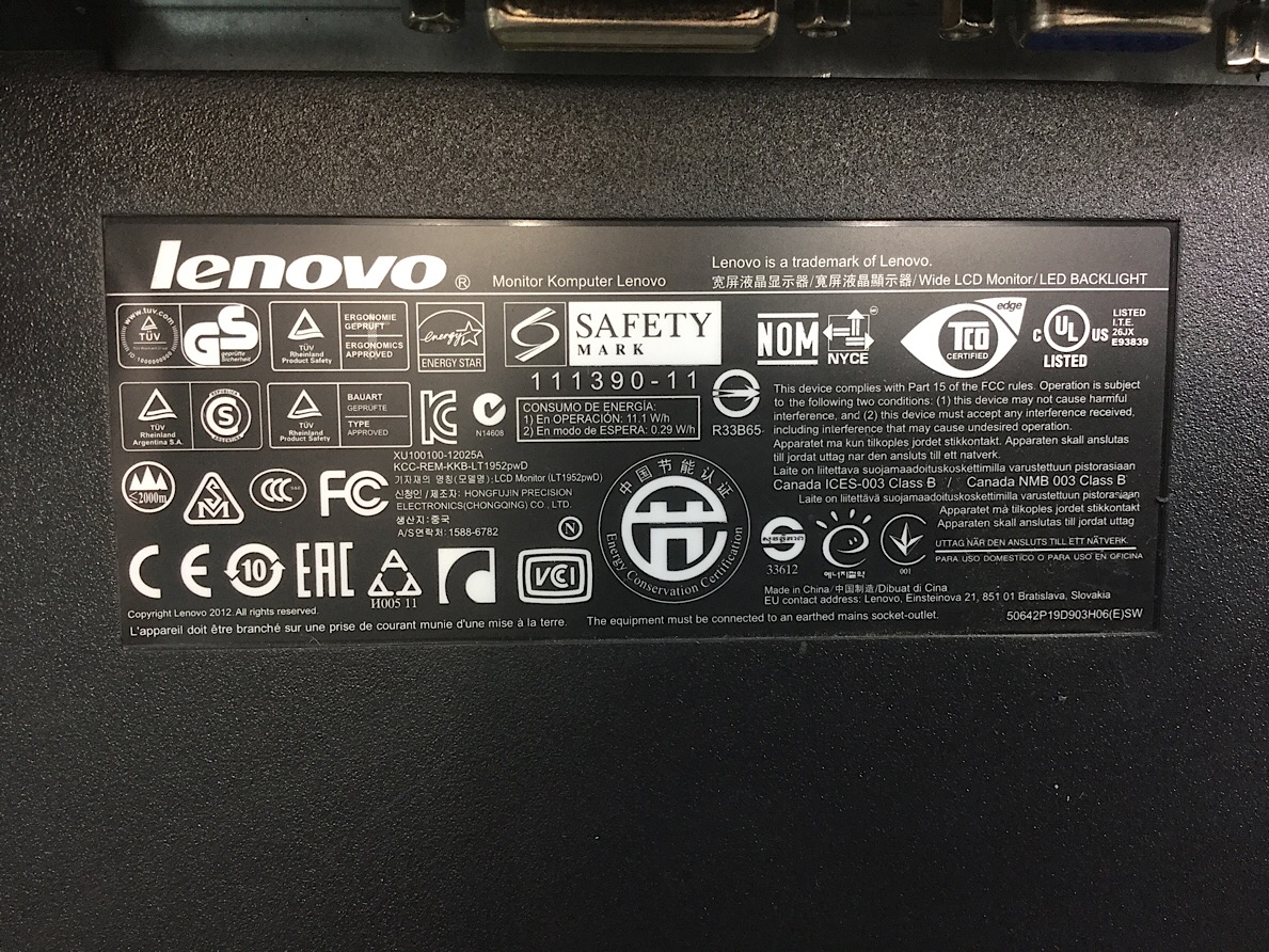 Lenovo Monitor Computer ThinkVision LT1952pwD MTM 2448-MB6 Wide LCD Monitor