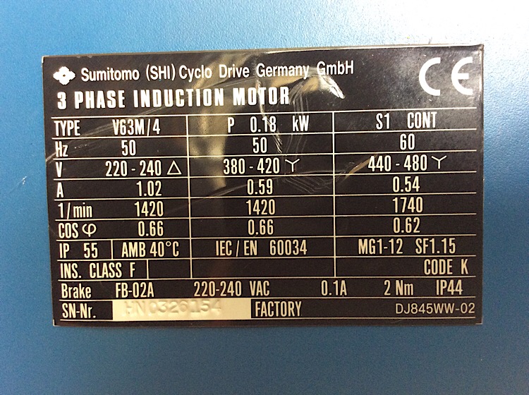 Sumitomo 3 Phase Induction Motor V63M/4 0,18kW