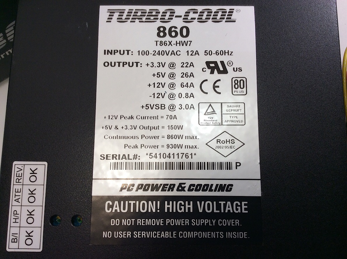 PC Power & Cooling Turbo Cool 860 Watt T86X-HW7 Power Supply +3,3V 22A