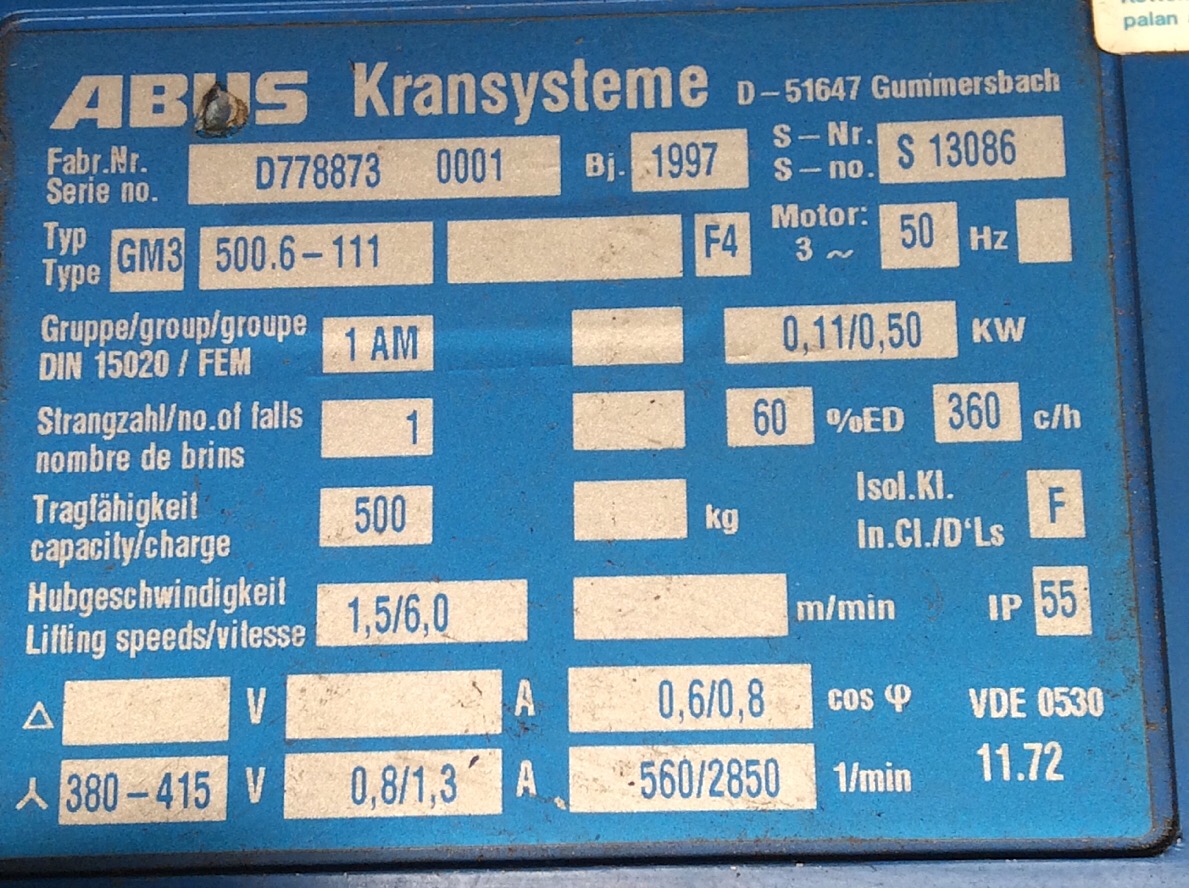 Abus Kettenzug Typ GM3 500.6-111 F4, Tragfähigkeit 500kg Hubgeschw. 1.5/6.0m/min