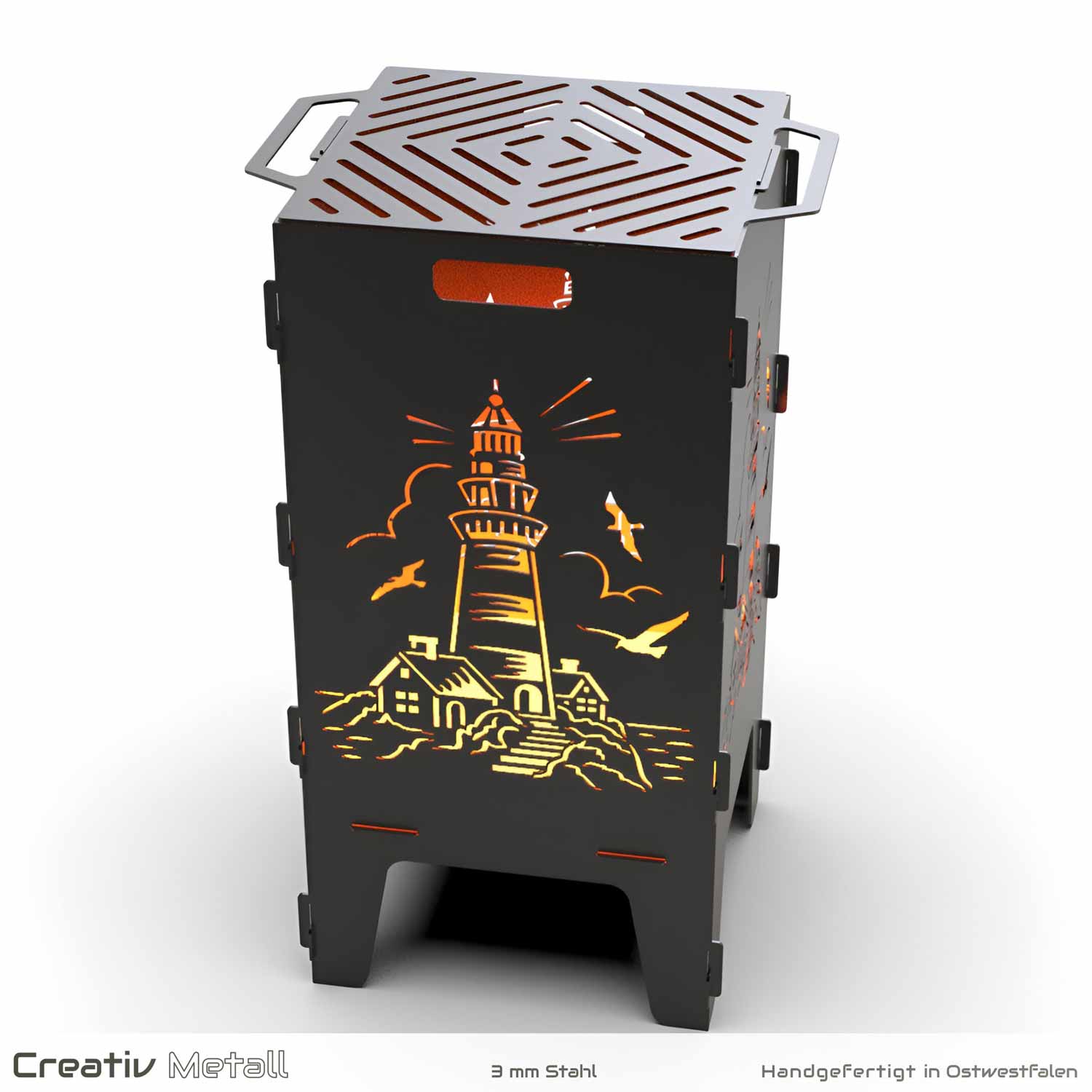 Feuerkorb mit Grillrost Leuchtturm hochwertig Feuertonne 38x75cm 3mm Stahl